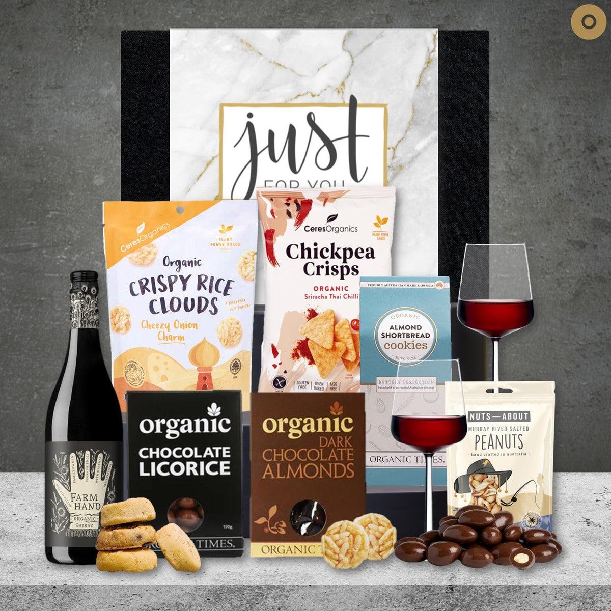 Organic Nibbles with Farm Hand Shiraz – Healthy Hampers